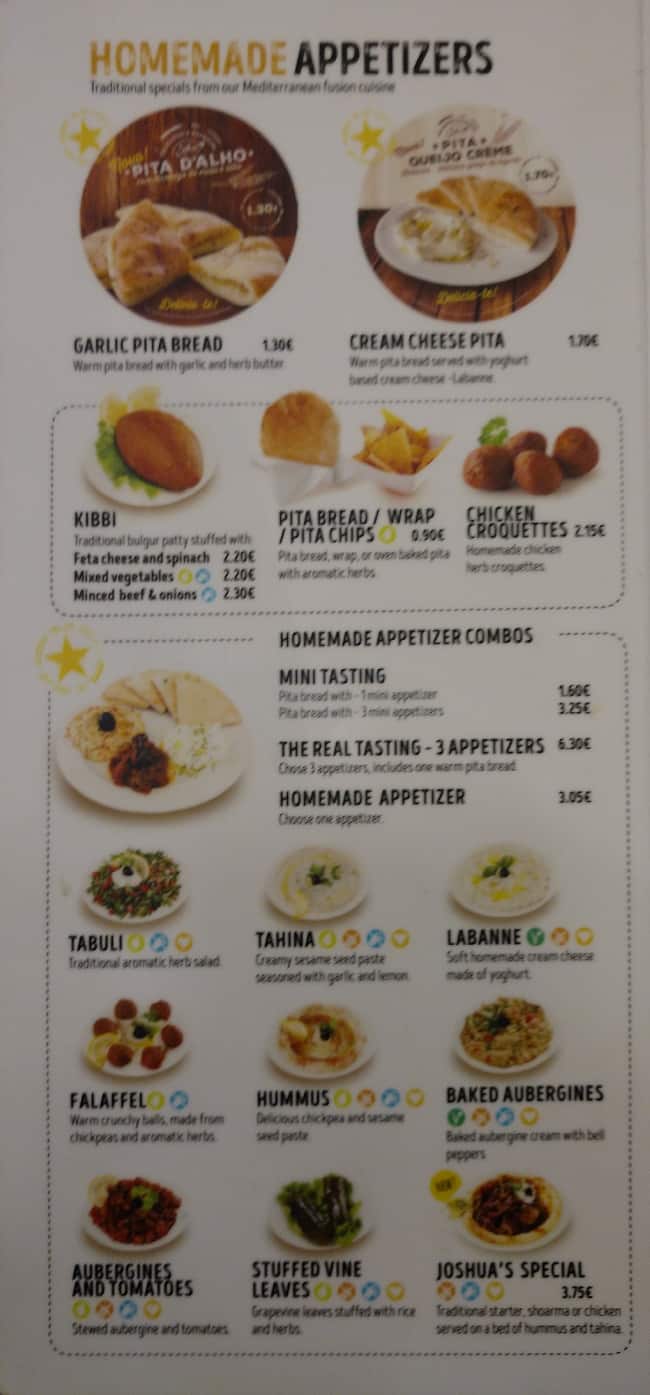 Menu at Joshua's Shoarma restaurant, Seixal, Lj 1021.