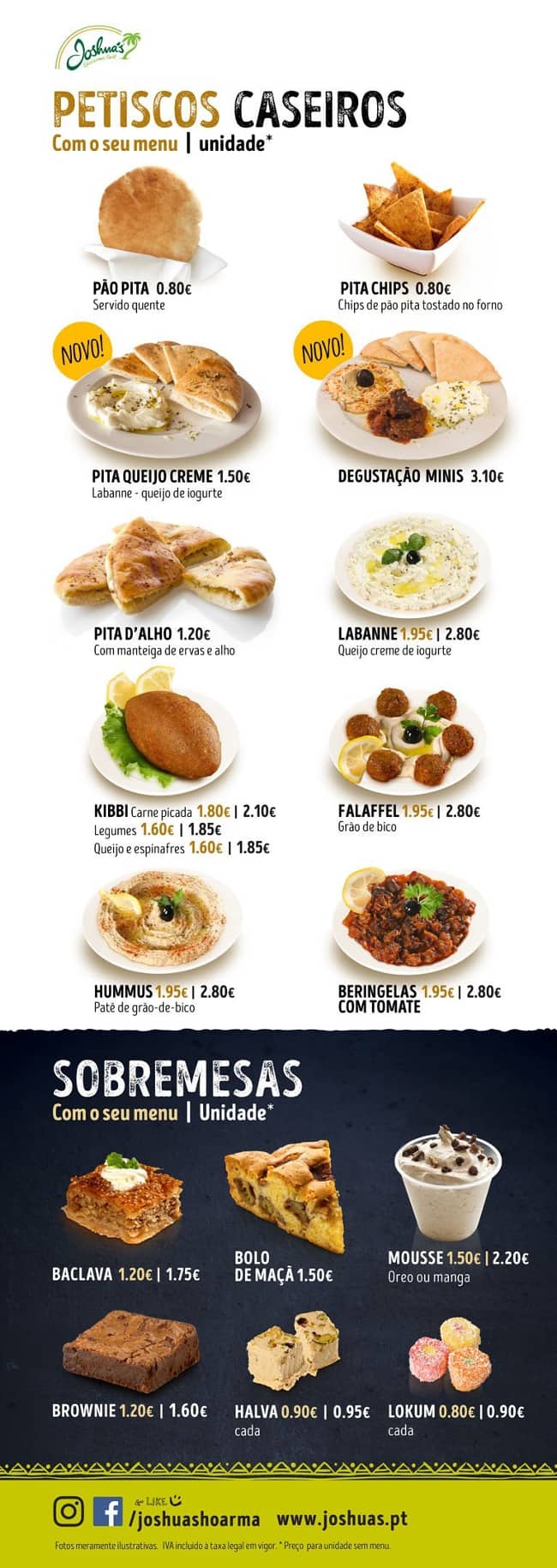 Menu at Joshua's Shoarma restaurant, Seixal, Lj 1021.