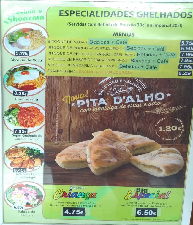 Menu at Joshua's Shoarma restaurant, Seixal, Lj 1021.