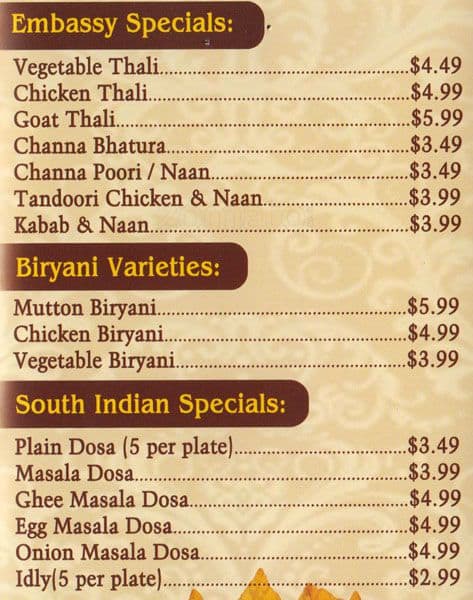 Menu at Embassy Restaurant, Toronto, Finch Ave E