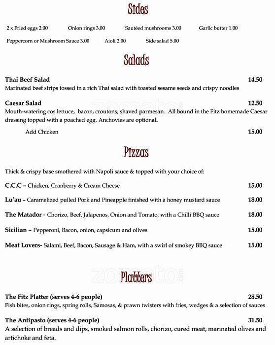 Menu at The Fitz 2 Sports Bar, Christchurch