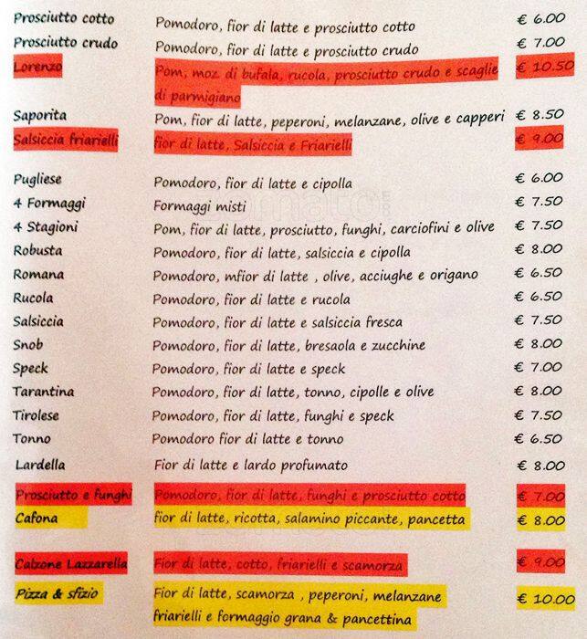 Menu at Pizza E Sfizio pizzeria, Milan