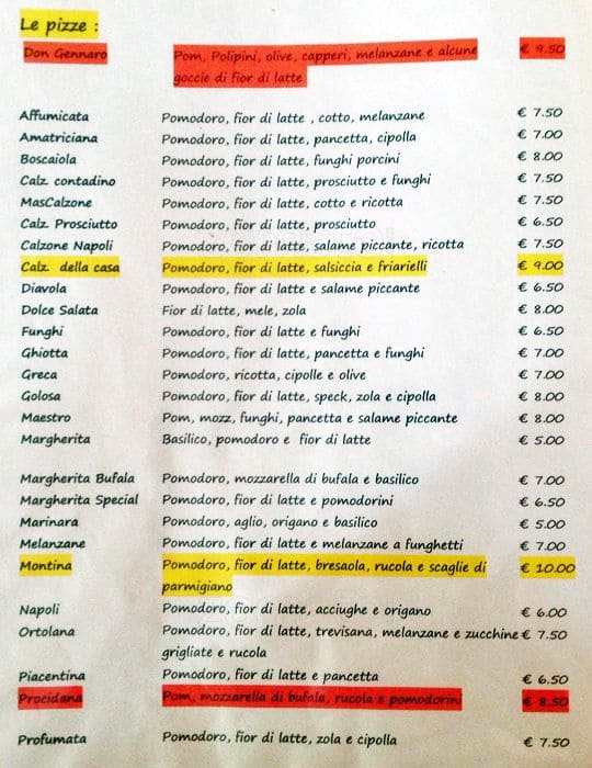 Menu at Pizza E Sfizio pizzeria, Milan