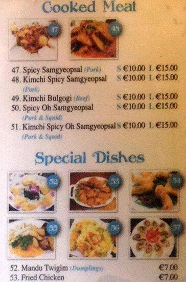 Menu at Han Yang Korean BBQ, Dublin