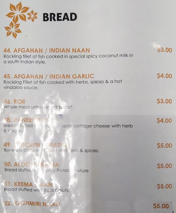 Menu at Afghan Masala Bakery, Dandenong