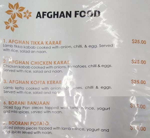 Menu at Afghan Masala Bakery, Dandenong