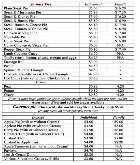 Menu at Yatala Pies desserts, Yatala