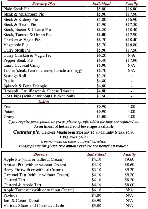 Menu at Yatala Pies desserts, Yatala