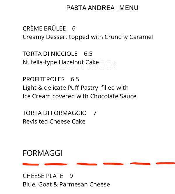 Menu at PASTA ANDREA pub & bar, Montreal