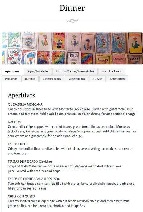 Menu at Luisa's Mexican Grill restaurant, Seattle