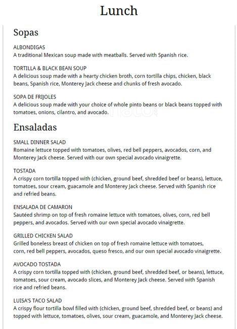 Menu at Luisa's Mexican Grill restaurant, Seattle