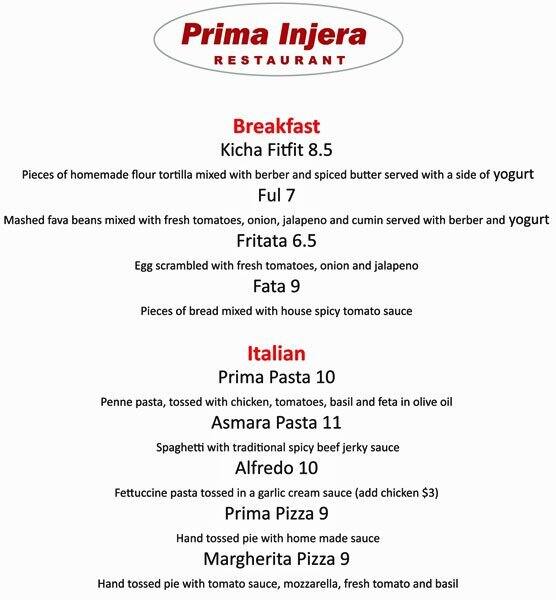 Menu at Prima Restaurant, Scottdale