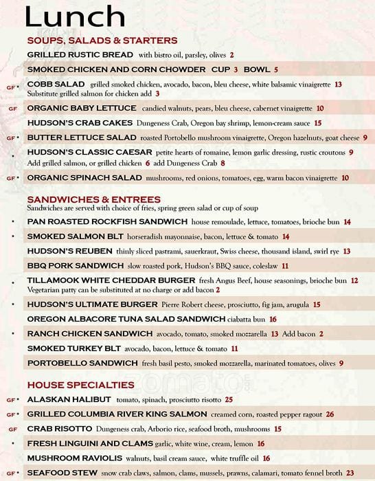 Menu at Hudson's Bar and Grill, Vancouver