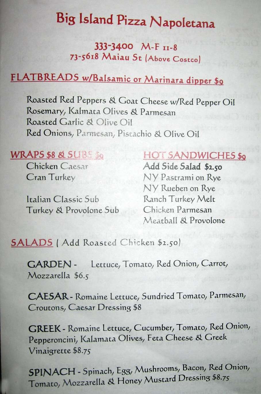 Menu at Big Island Pizza Napoletana pizzeria, Kailua-Kona