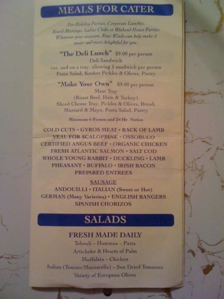 Menu at Four Winds Fine Foods Market restaurant, Pensacola, N 9th Ave
