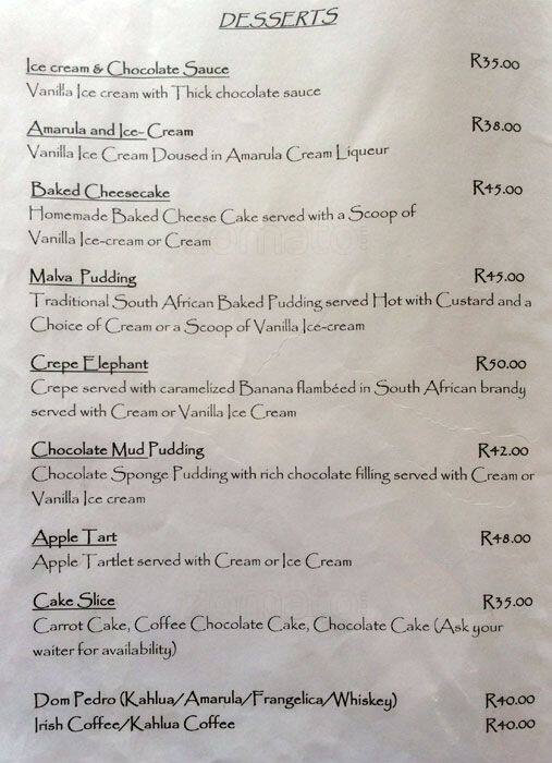 Menu at The African Elephant Restaurant, Sabie