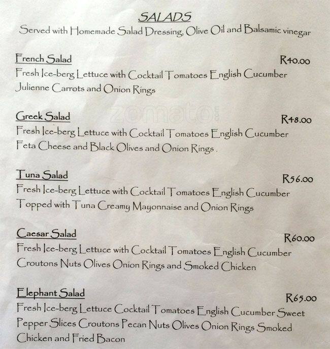Menu at The African Elephant Restaurant, Sabie
