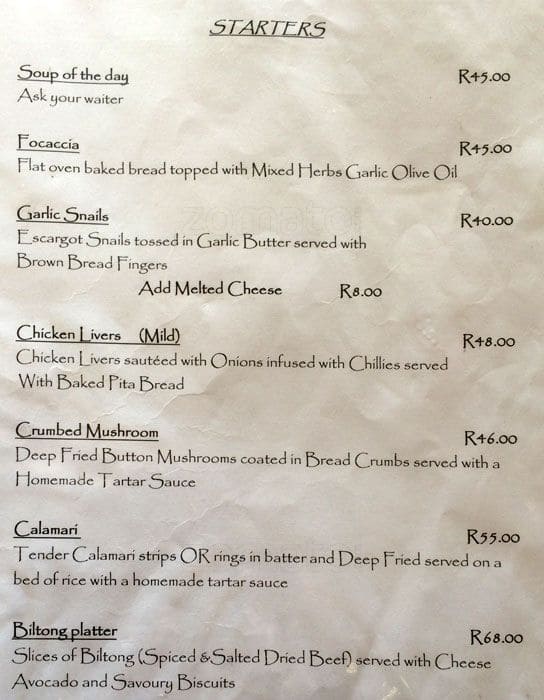 Menu at The African Elephant Restaurant, Sabie