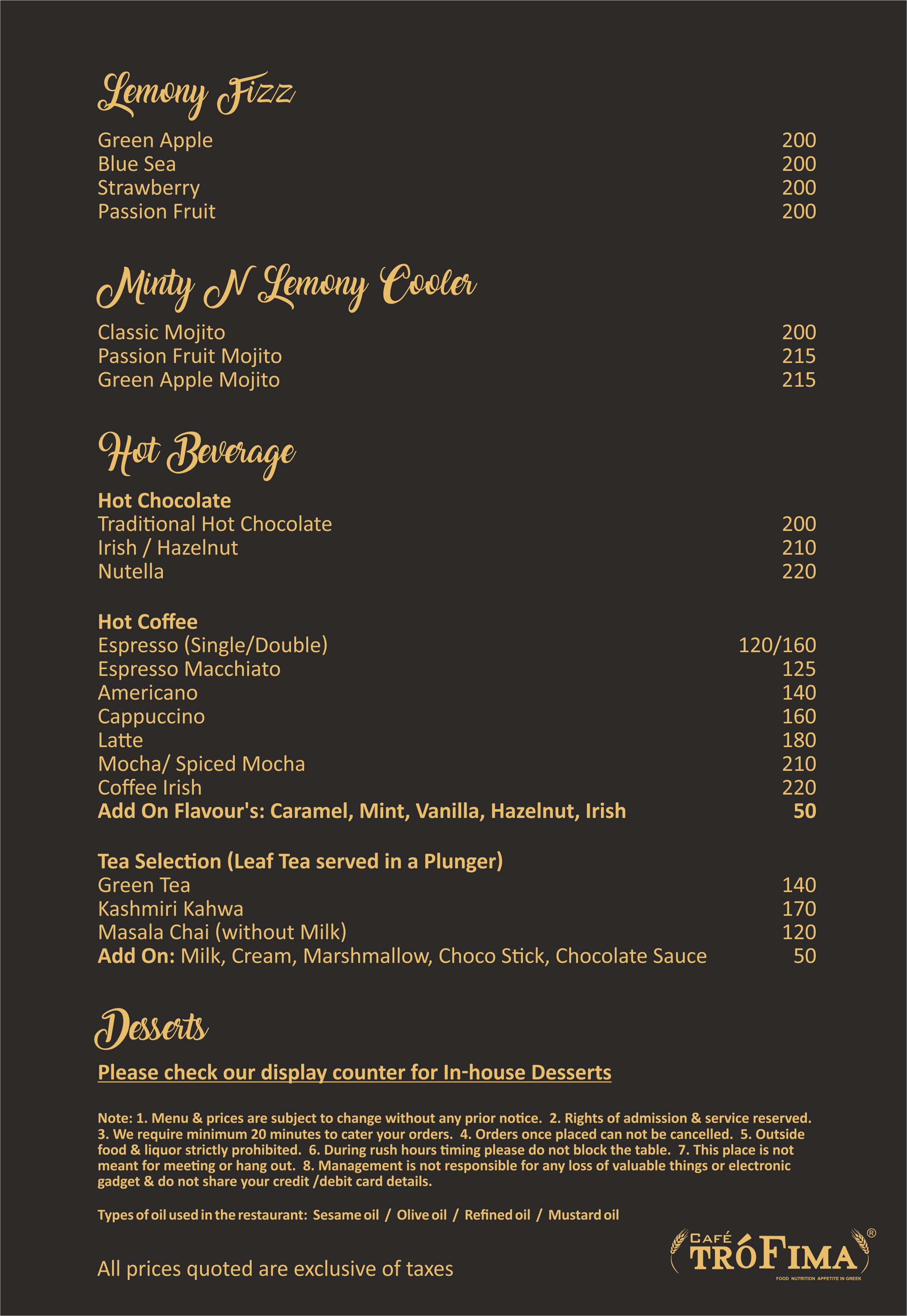 Menu of Cafe Trofima, Dadar Shivaji Park, Mumbai