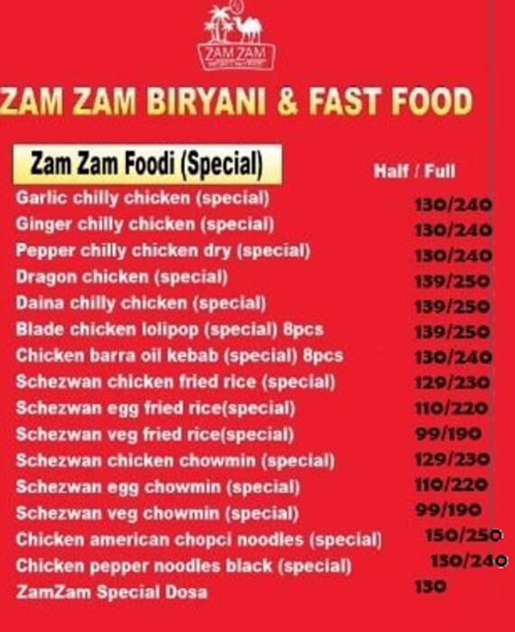 Menu at Zamzam Biryani And Fast Food, Jamshedpur
