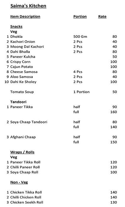 Menu of Saima's Kitchen, Sector 29, Faridabad