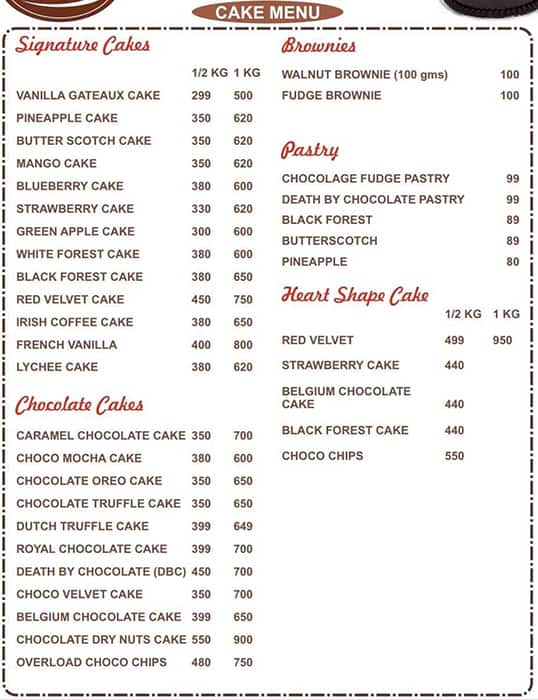 Menu of Elim Cake House, Bannerghatta Road, Bangalore