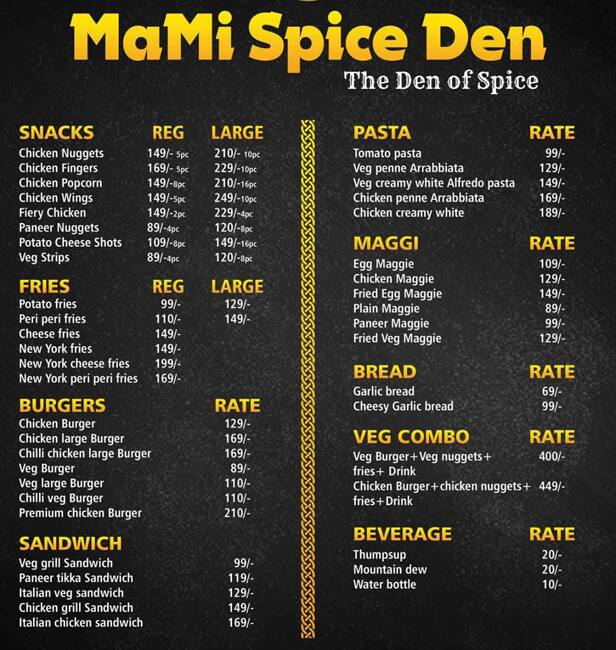 Menu of Mami Spice Den, Nizampet, Hyderabad