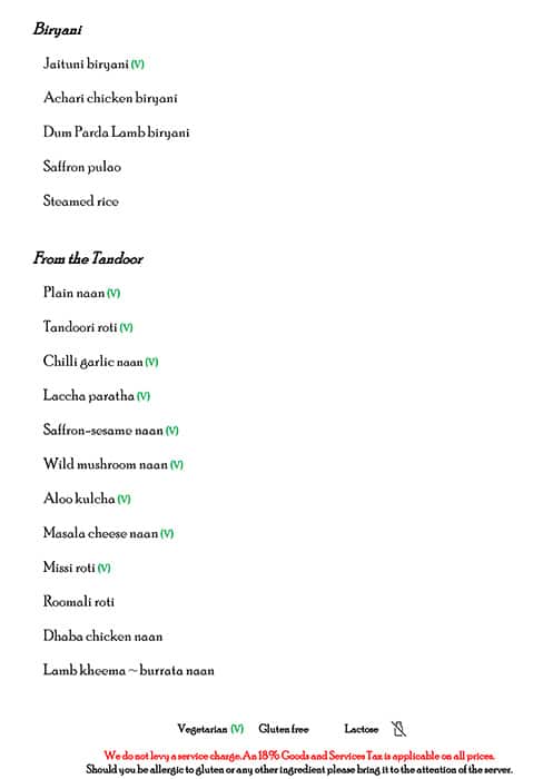 Menu at Ziya Restaurant, Mumbai, The Oberoi