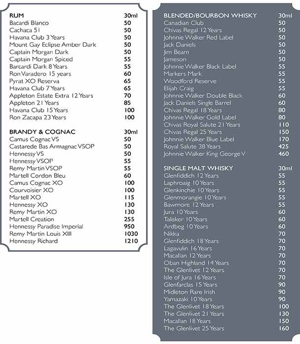 Menu at Barfly by Buddha Bar, Abu Dhabi