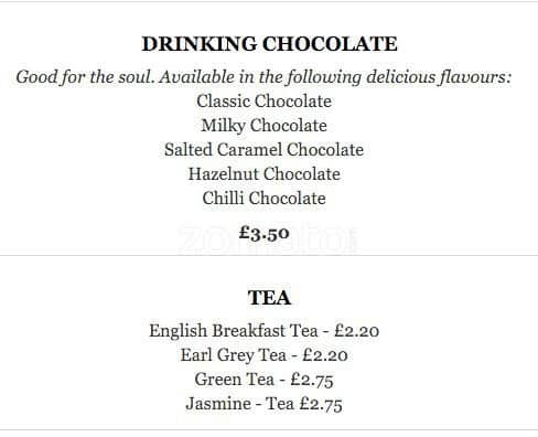 Menu at Hotel Chocolat cafe, London, 163 Kensington High St