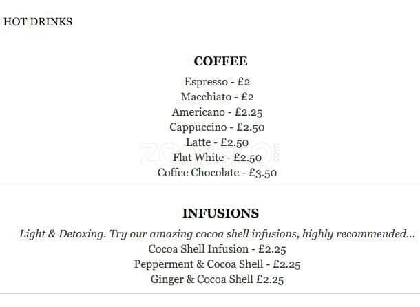 Menu at Hotel Chocolat cafe, London, 163 Kensington High St