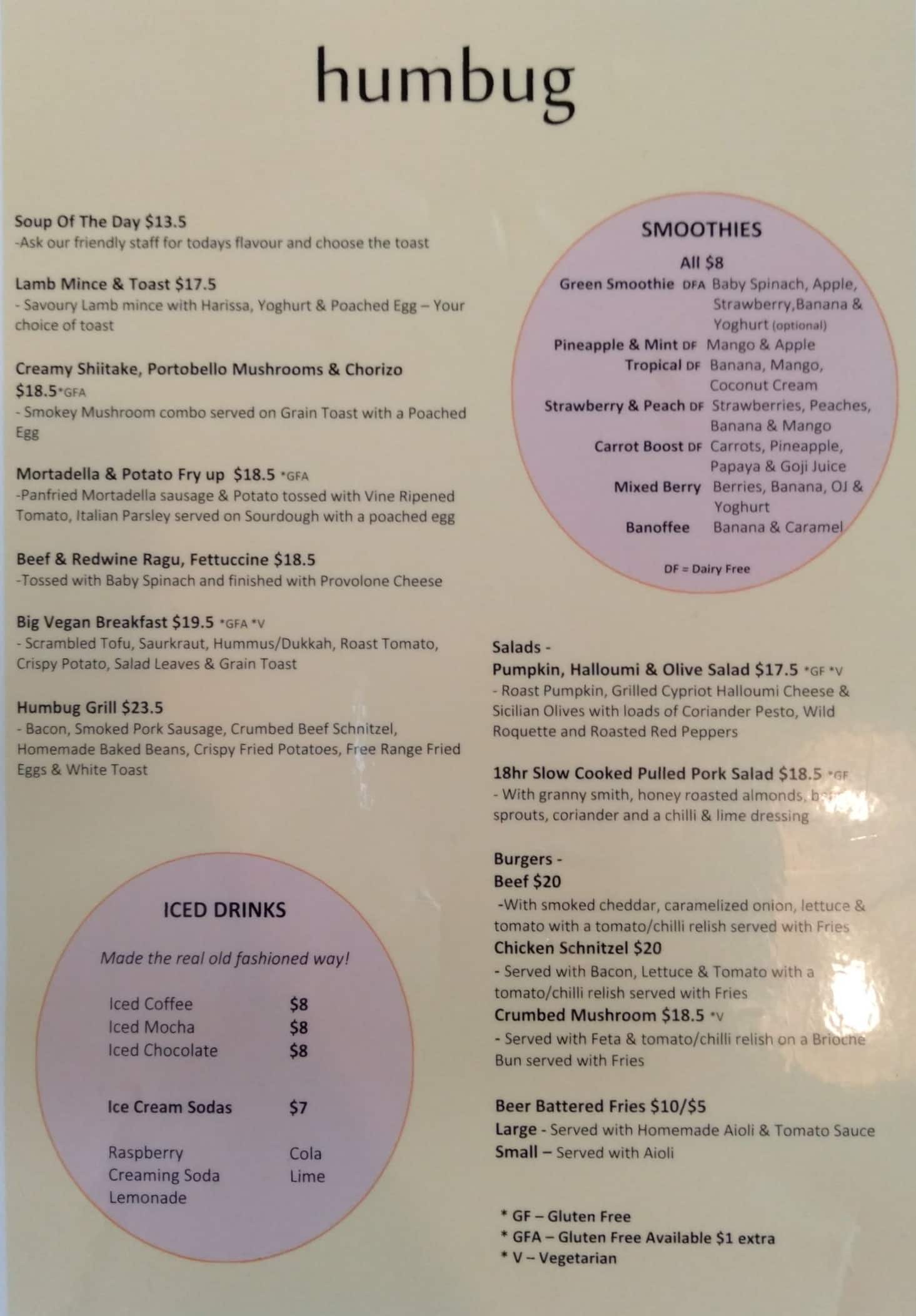 Menu at Humbug Cafe, Auckland
