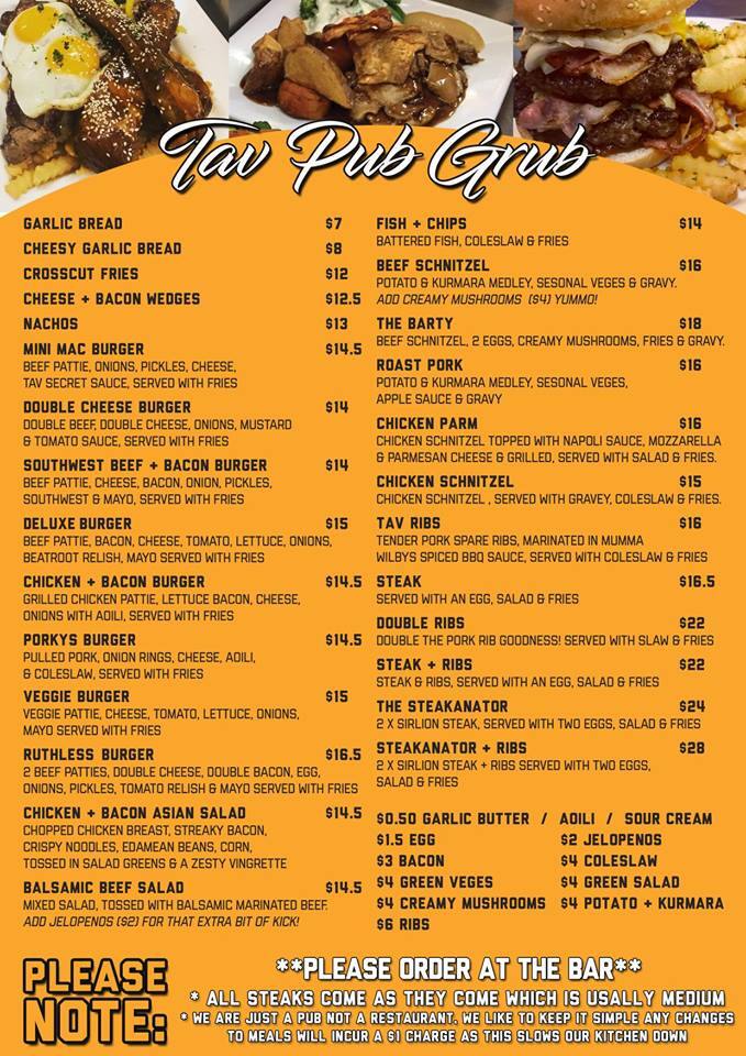 Menu at Fitzroy Tavern cafe, Lower Hutt