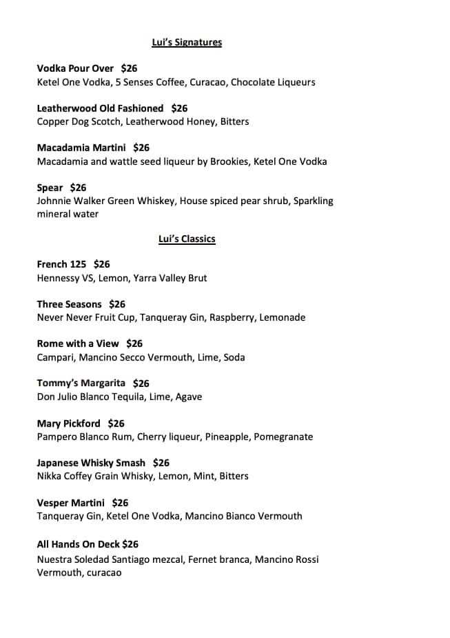 Menu at Lui Bar, Melbourne, 525 Collins St