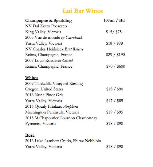 Menu at Lui Bar, Melbourne, 525 Collins St