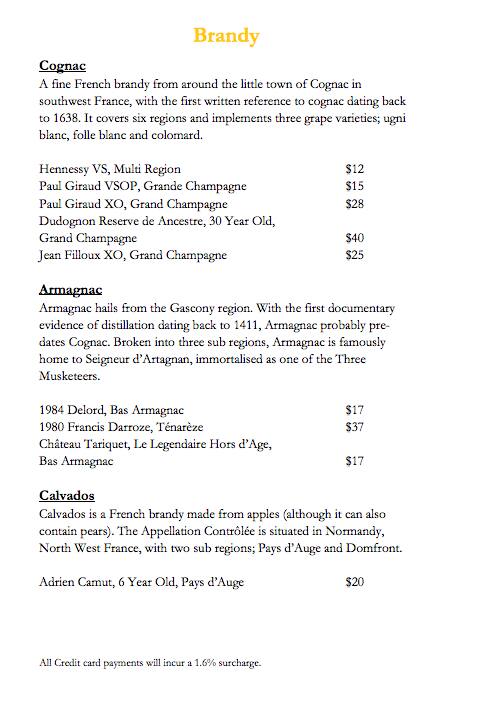 Menu at Lui Bar, Melbourne, 525 Collins St
