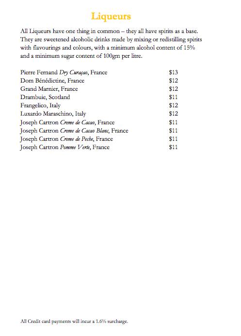 Menu at Lui Bar, Melbourne, 525 Collins St