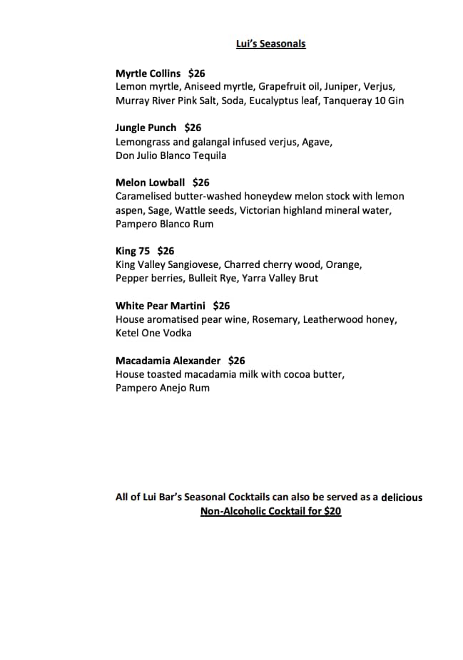 Menu at Lui Bar, Melbourne, 525 Collins St