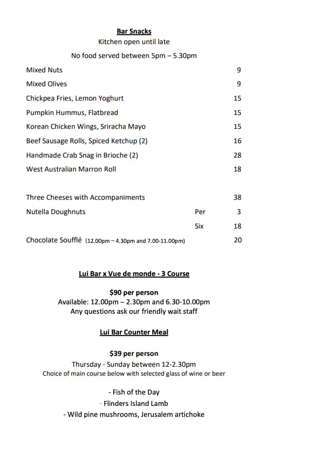 Menu at Lui Bar, Melbourne, 525 Collins St