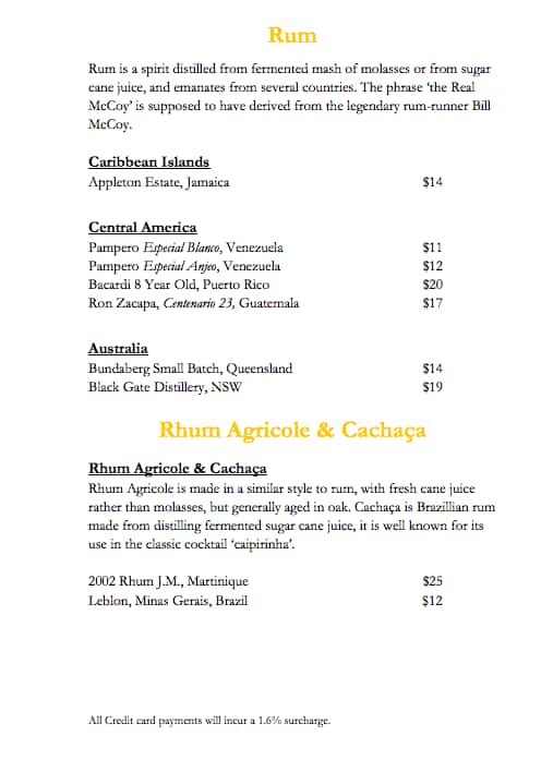 Menu at Lui Bar, Melbourne, 525 Collins St