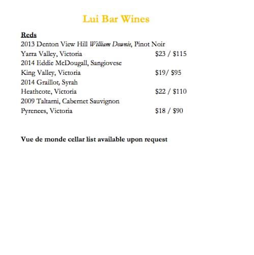 Menu at Lui Bar, Melbourne, 525 Collins St