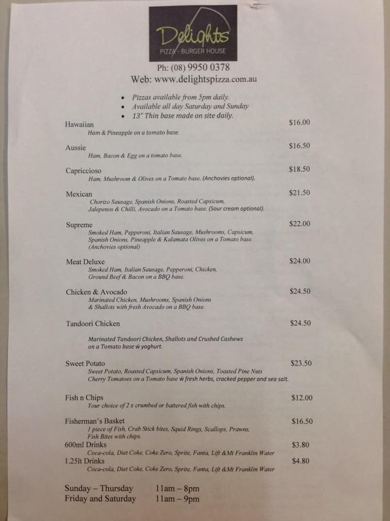 Menu at Delights Pizza restaurant, Sunset Beach