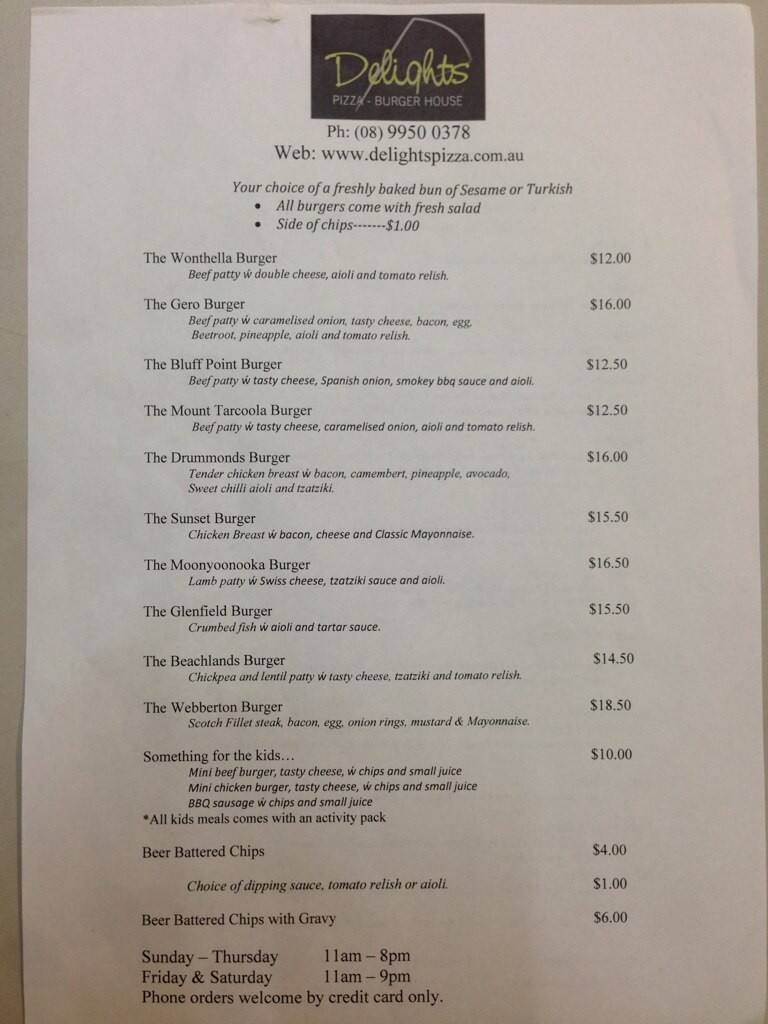 Menu at Delights Pizza restaurant, Sunset Beach