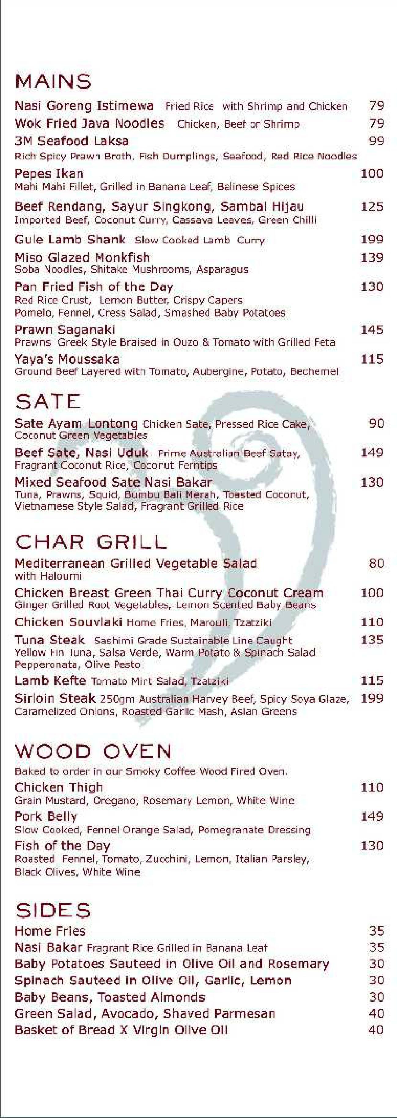 Menu at Three Monkeys restaurant, Denpasar