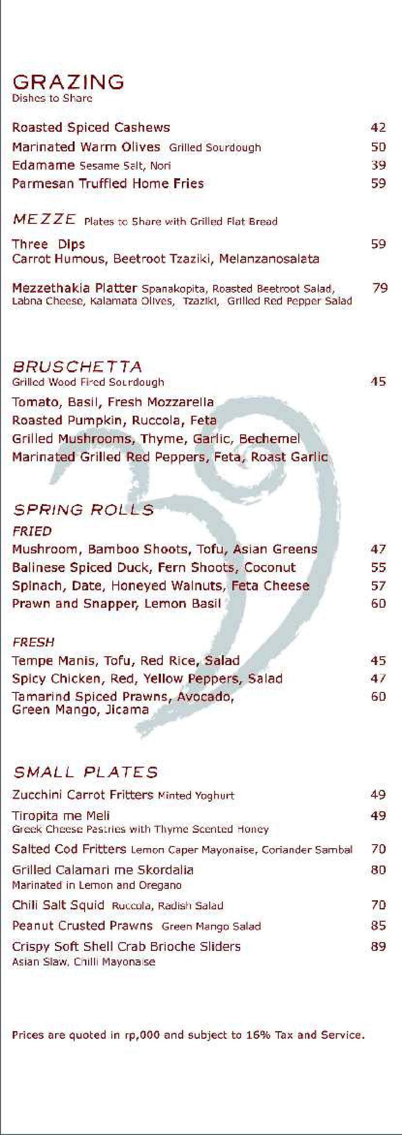 Menu at Three Monkeys restaurant, Denpasar