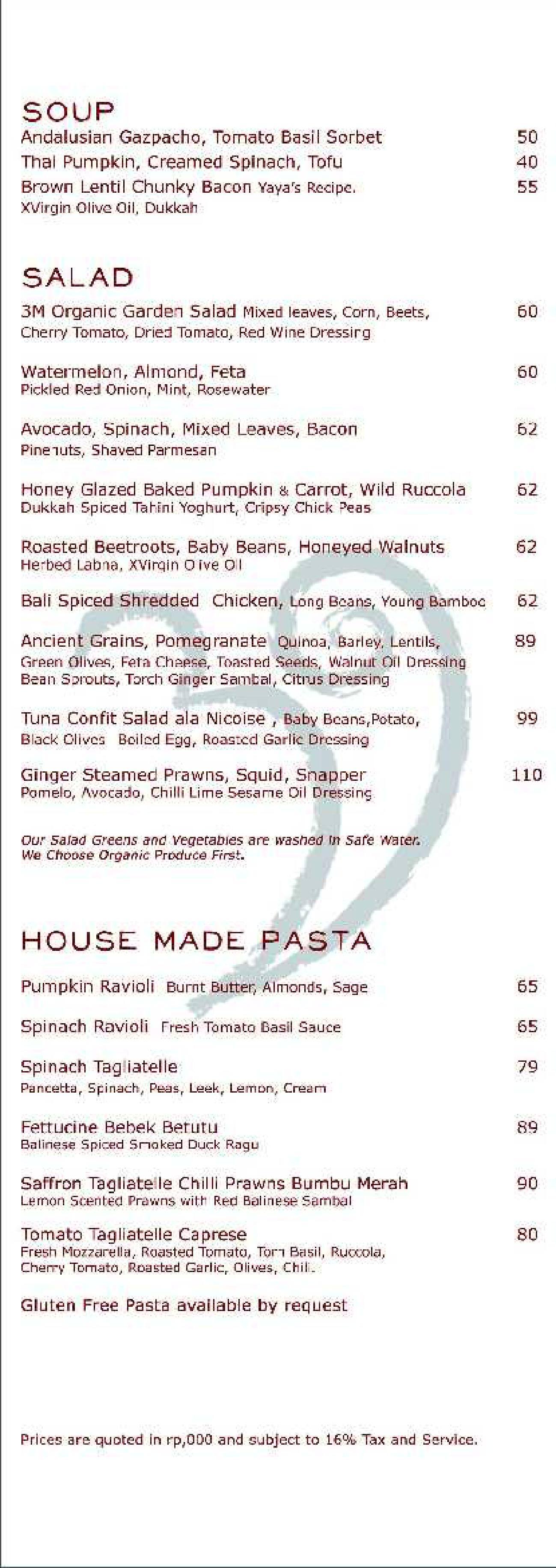 Menu at Three Monkeys restaurant, Denpasar