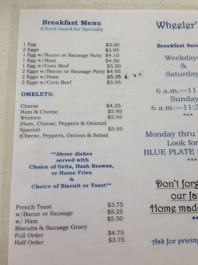 Menu at Wheeler's Cafe Inc., Arcadia