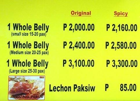 Menu at Cebu's Original Lechon Belly fast food, Cebu City, National Highway