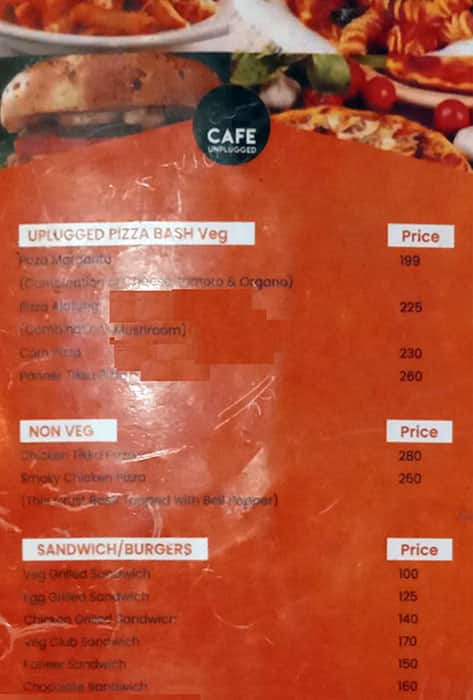 Menu at Cafe unplugged, Patna, AMS park