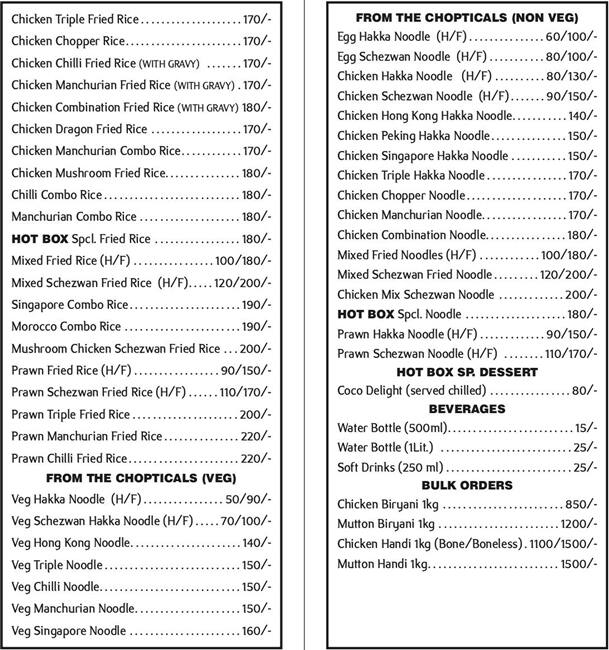 Menu of Hot Box, Near Andheri East Station, Mumbai